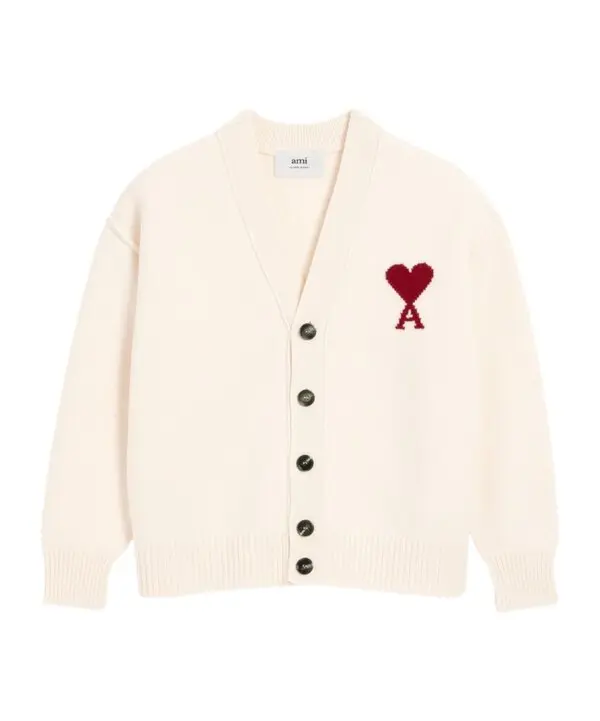 AMI Paris De Coeur V-neck Cardigan - Off-white/red