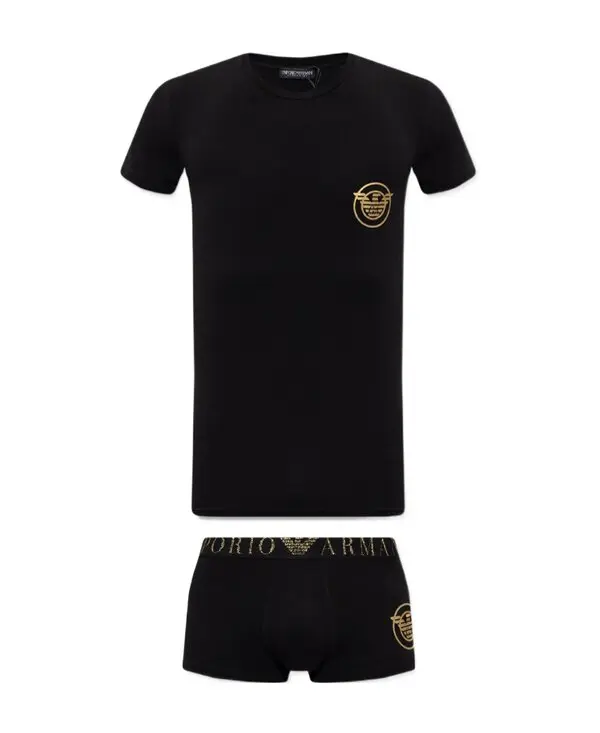 Emporio Armani Logo Print Cotton Lounge Set - Black