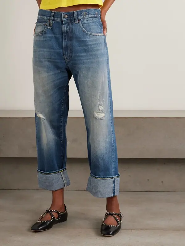 R13 Cuffed X-boyfriend Distressed Wide-leg Jeans - Medium Denim Blue