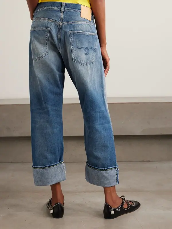 R13 Cuffed X-boyfriend Distressed Wide-leg Jeans - Medium Denim Blue