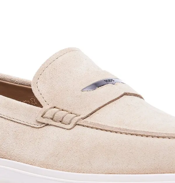 TOD'S Logo Engraved Suede Loafers - Nude