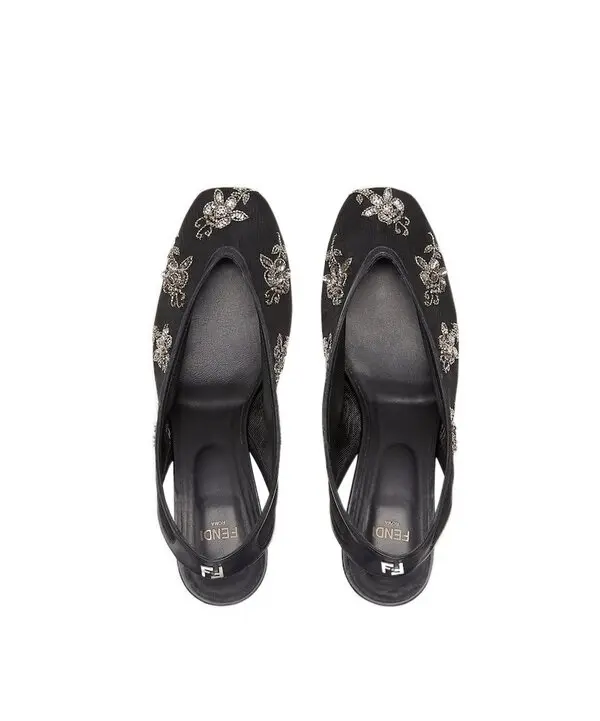 Fendi Embroidered Mesh Slingback Pumps With Ff Appliqu