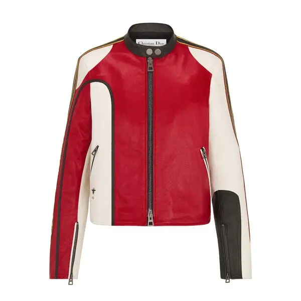 Dior Leather Biker Jacket With Graphic Details - Red