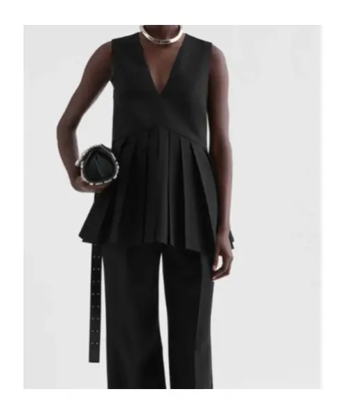 JIL SANDER Gabardine Pleated V-neck Sleeveless Top - Black