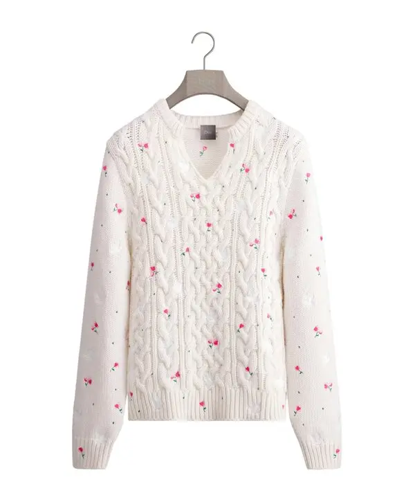 Dior Embroidered Floral Cable Knit Sweater - White