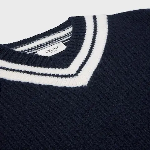 Celine V-neck Cashmere Sweater With Triumphal Embroidery - Navy Blue/white