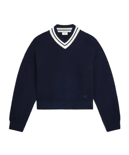 Celine V-neck Cashmere Sweater With Triumphal Embroidery - Navy/white