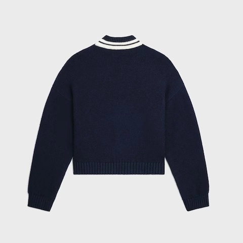 Celine V-neck Cashmere Sweater With Triumphal Embroidery - Navy/white