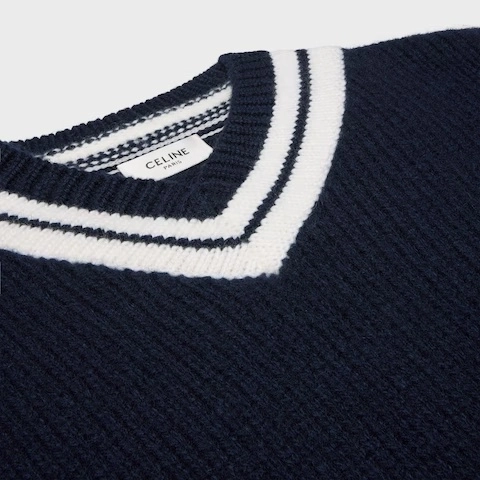 Celine V-neck Cashmere Sweater With Triumphal Embroidery - Navy/white