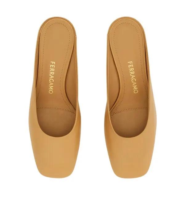 FERRAGAMO Square-toe Mules With Sculptural Mid Heel - Camel
