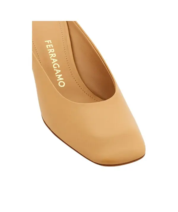 FERRAGAMO Square-toe Mules With Sculptural Mid Heel - Camel