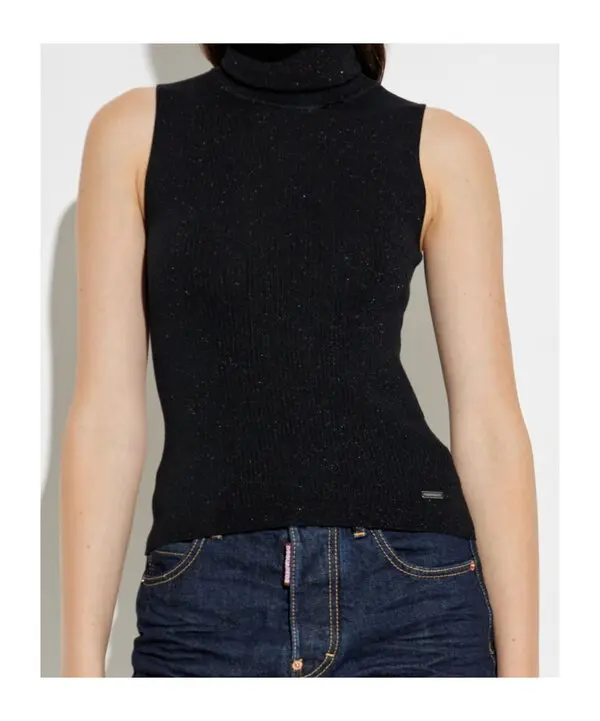 Dsquared2 High-neck Sleeveless Ribbed Knit Top With Logo Detail - Black