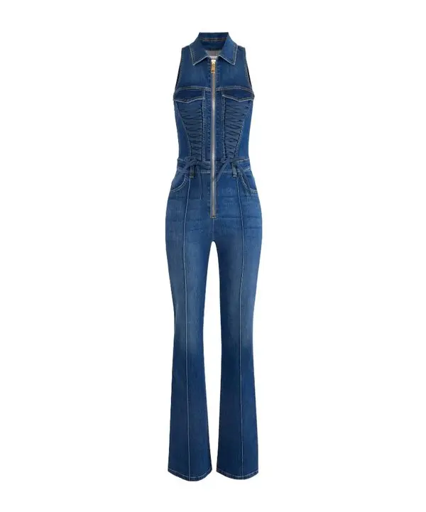Elisabetta Franchi Sleeveless Denim Jumpsuit With Crossover Lacing - Blue