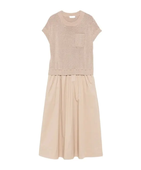 Peserico Textured Knit Panel Dress With Pleated Skirt And Chest Pocket - Nude