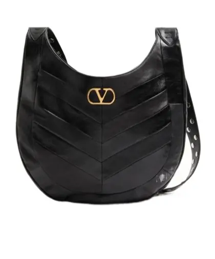 Valentino Garavani Hoboho Chevron Patterned Logo Plaque Shoulder Bag - Black