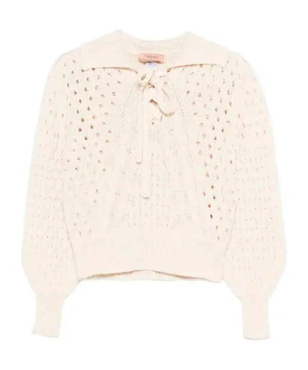 TWINSET Lace-up Knit Sweater With Bow Detail - White
