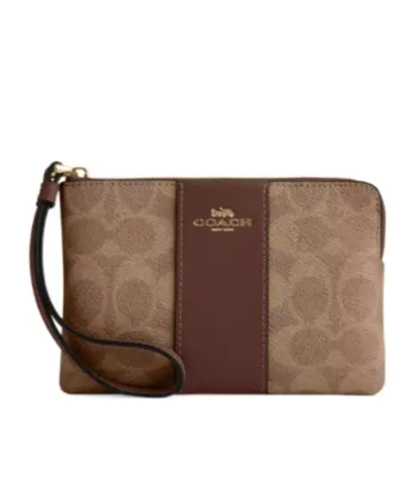 COACH Corner Zip Wristlet In Signature Canvas With Stripe - Brown