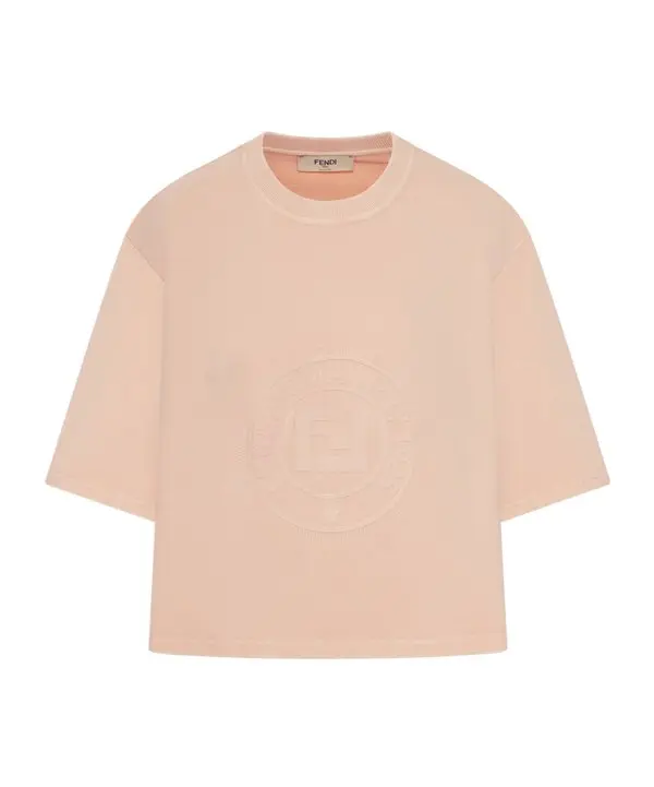 Fendi Ff Detailed Cropped Crewneck T-shirt - Strawberry Cream