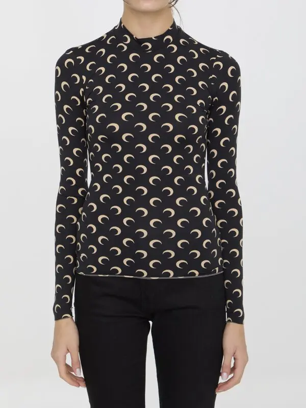 MARINE SERRE Crescent Print Turtleneck Long-sleeved Top - Black
