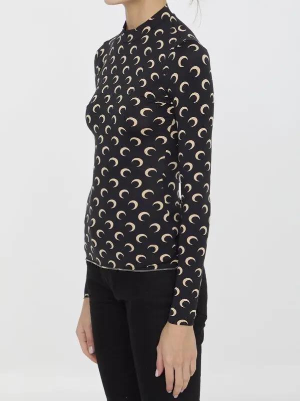 MARINE SERRE Crescent Print Turtleneck Long-sleeved Top - Black