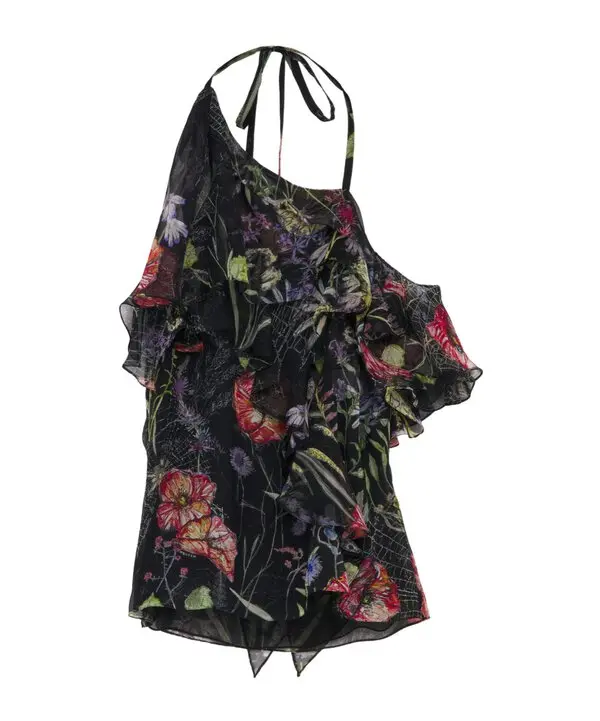 Alexander McQueen Meadow Floral Print Ruffled Halter Top - Black