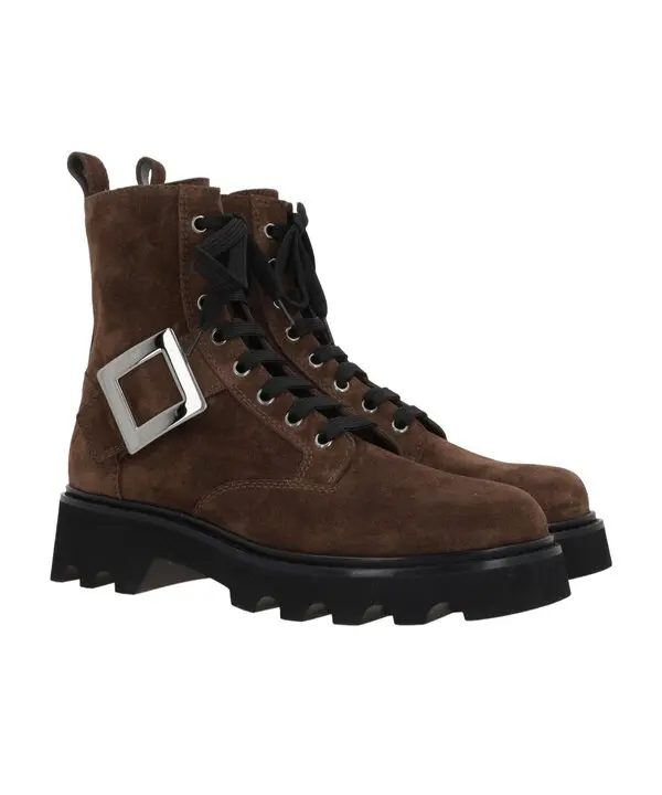 ROGER VIVIER Buckle-fastening Suede Combat Boots - Brown