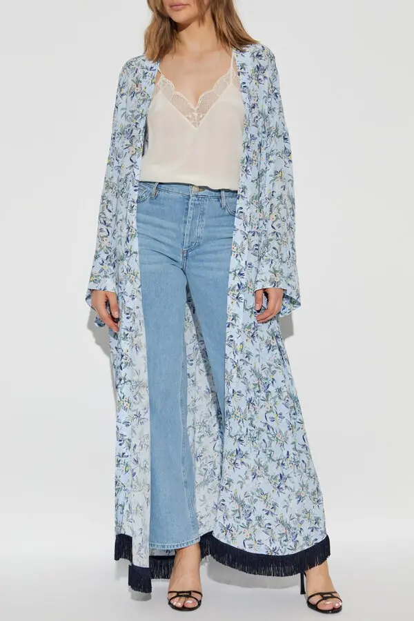 Zadig&Voltaire Long Sleeve Silk Floral Print Coat With Tasseled Hem