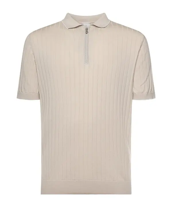 Eleventy Ribbed Knit Zip Polo Sweater - Nude