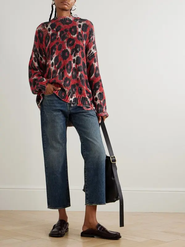 R13 Leopard Print Distressed Knit Jumper - Multi-color