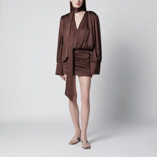 ROTATE BY BIRGER CHRISTENSEN Chiffon V-neck Dress With Tie Detailing - Dark Brown