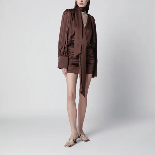ROTATE BY BIRGER CHRISTENSEN Chiffon V-neck Dress With Tie Detailing - Dark Brown