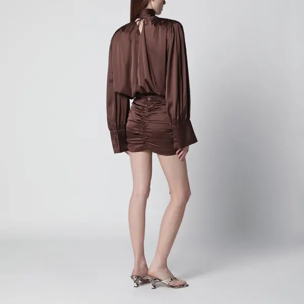 ROTATE BY BIRGER CHRISTENSEN Chiffon V-neck Dress With Tie Detailing - Dark Brown