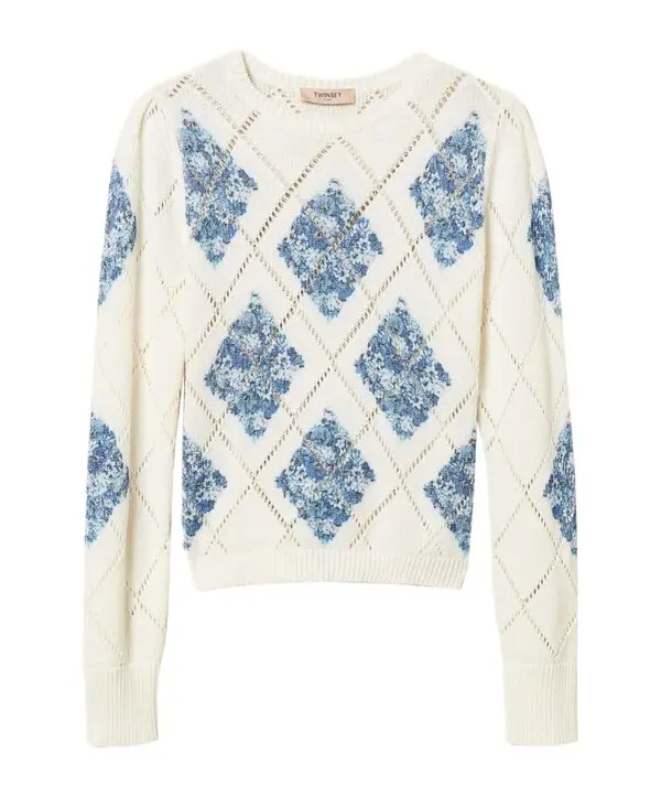 TWINSET Diamond Pattern Floral Sweater - White