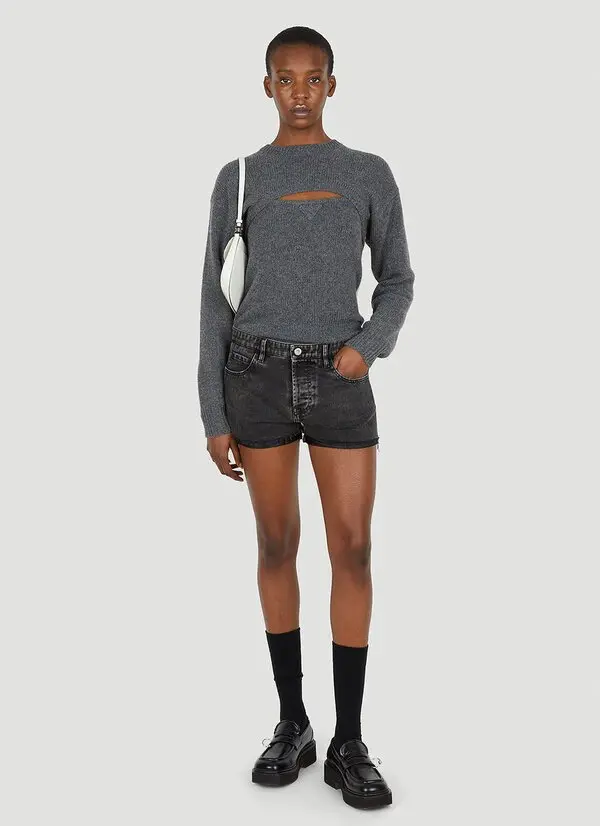 Miu Miu Low Waist Denim Shorts With Logo Detail - Black