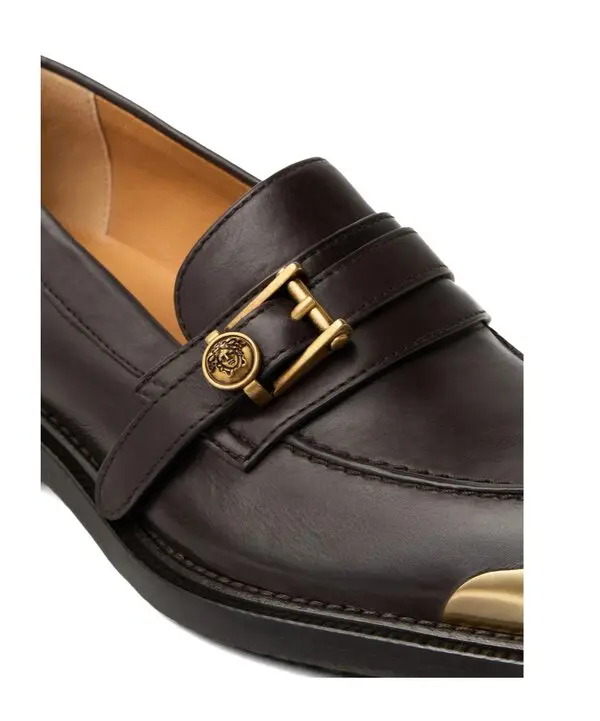 Versace Round Toe Loafers With Medusa Buckle - Black