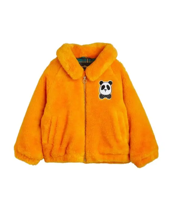 MINI RODINI Faux Fur Panda Patch Bomber Jacket