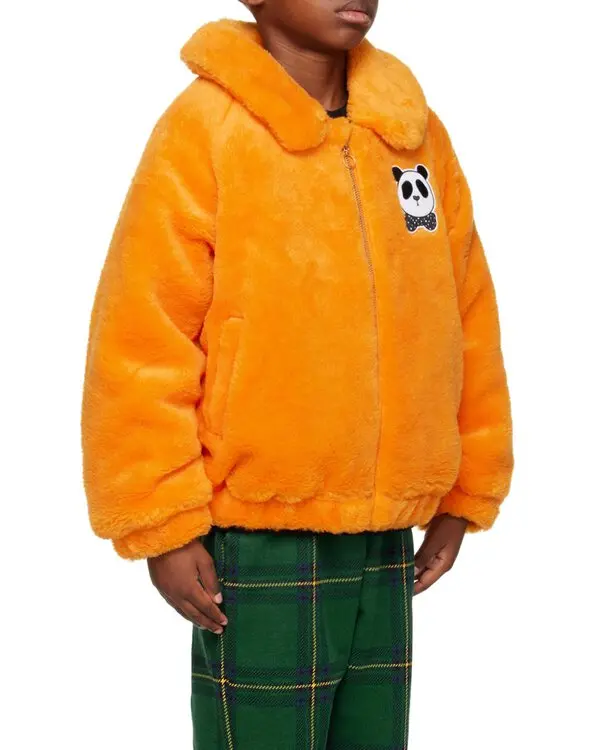 MINI RODINI Faux Fur Panda Patch Bomber Jacket