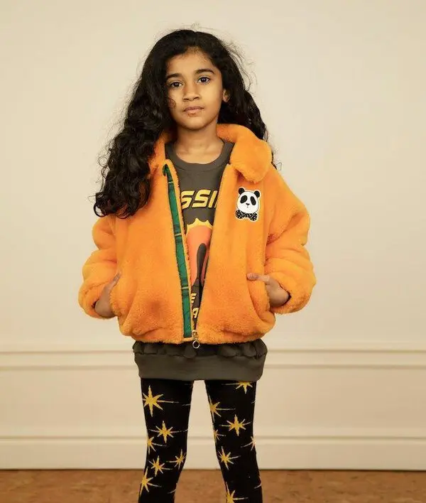 MINI RODINI Faux Fur Panda Patch Bomber Jacket