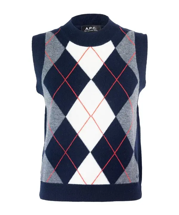 A.p.c. Sleeveless Crewneck Knitted Gilet With Diamond Pattern - Navy