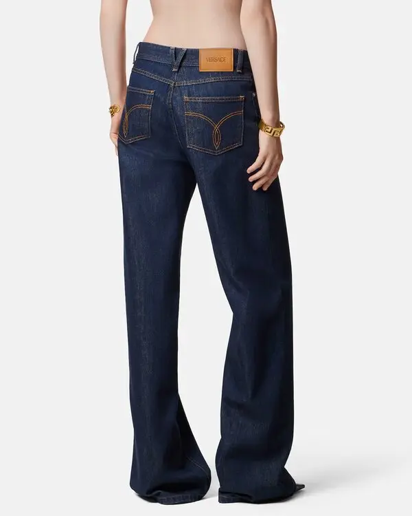 Versace Logo Patch Straight Leg Jeans - Blue