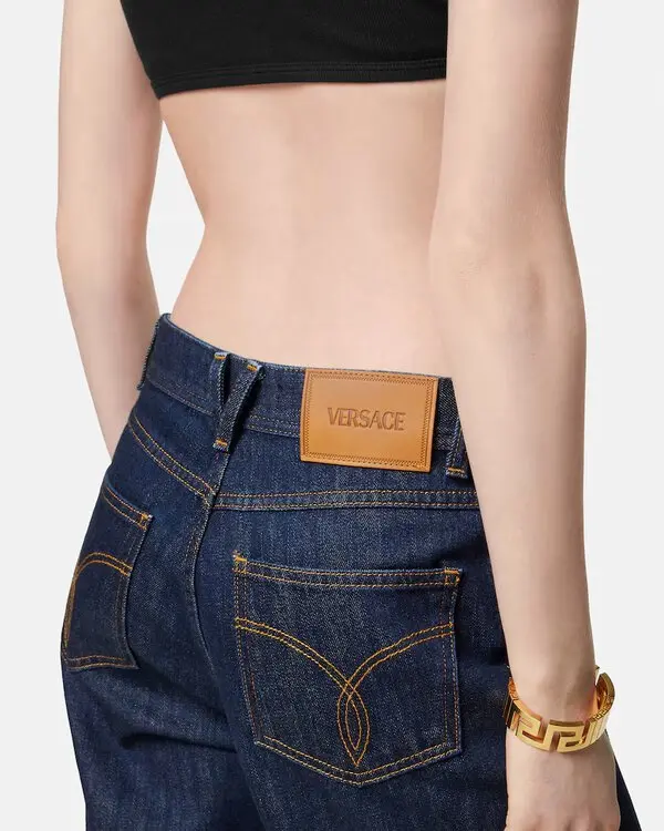 Versace Logo Patch Straight Leg Jeans - Blue