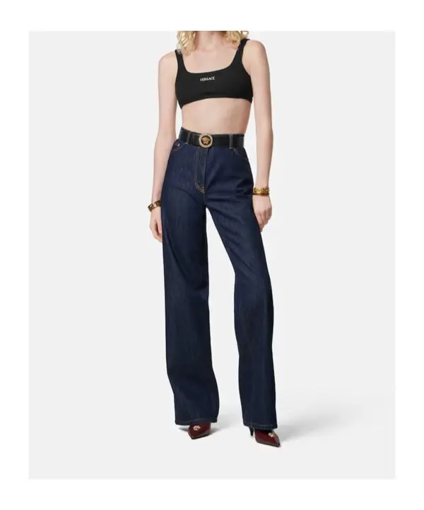 Versace Logo Patch Straight Leg Jeans - Blue
