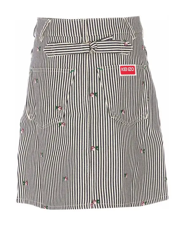 Kenzo Striped Denim Midi Skirt With Embroidered Detail - White