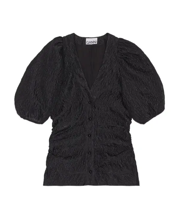 GANNI V-neck Puff Sleeve Blouse With Pleated Details - Black