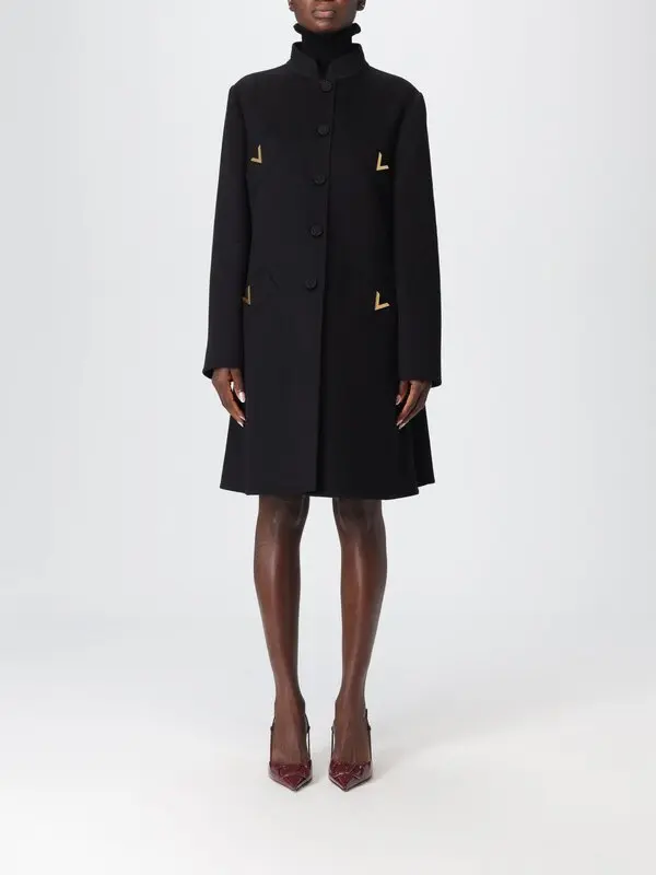 Valentino Garavani Button-up A-line Hem Coat With Gold Accents - Black
