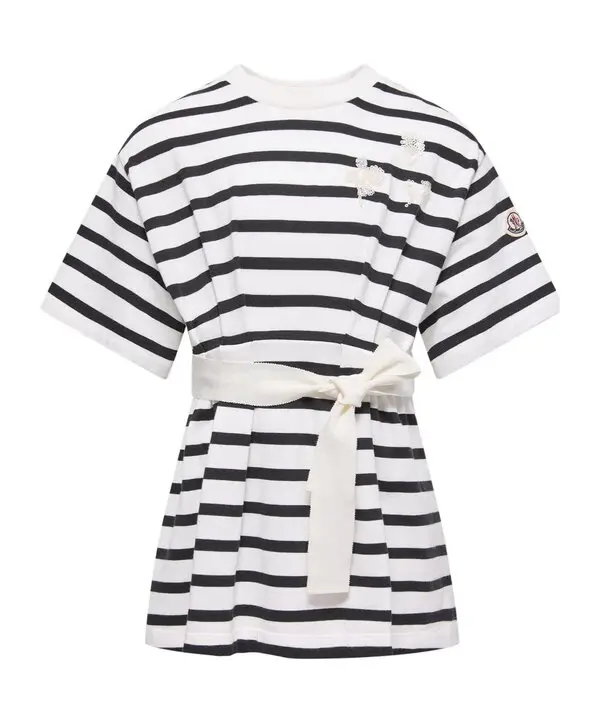 Moncler Striped T-shirt Dress With Floral Embroidery And Belt