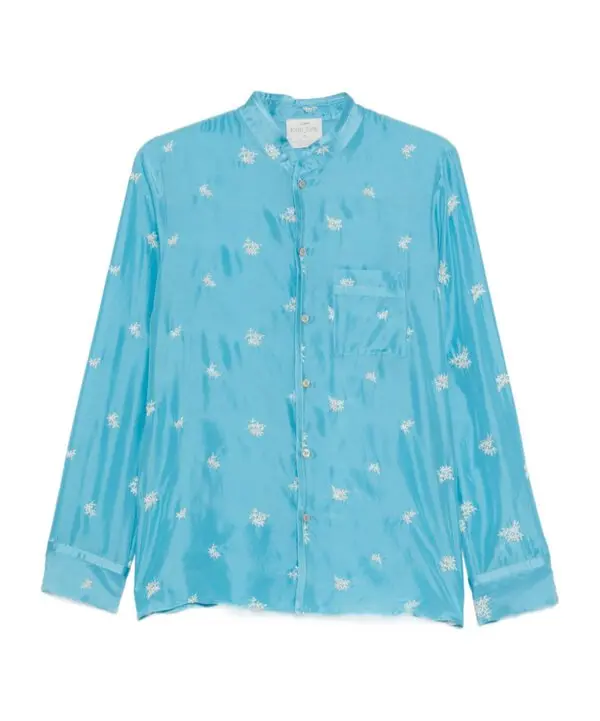 FORTE_FORTE Floral Print Band Collar Shirt - Blue