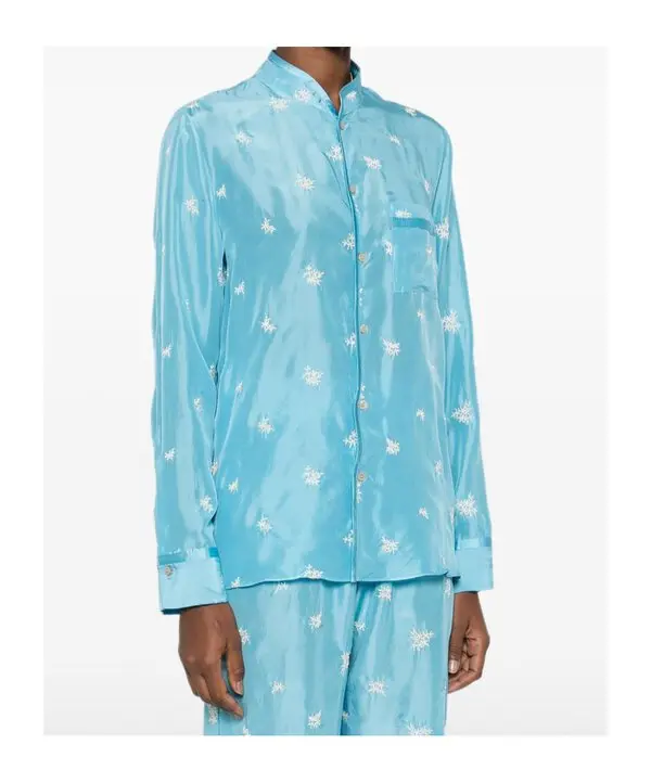 FORTE_FORTE Floral Print Band Collar Shirt - Blue
