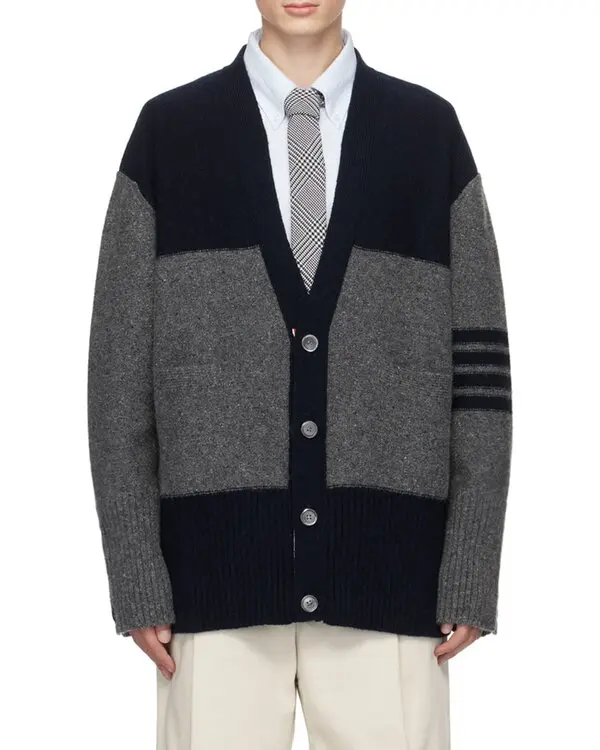 Thom Browne V-neck Oversized Jersey Cardigan With Stripe Details