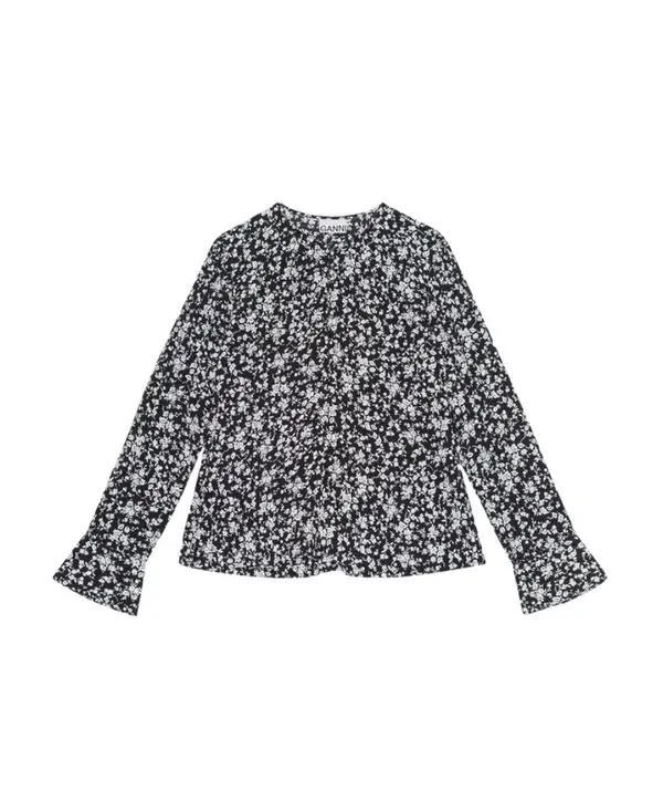 GANNI Printed Crepe O-neck Blouse - Black